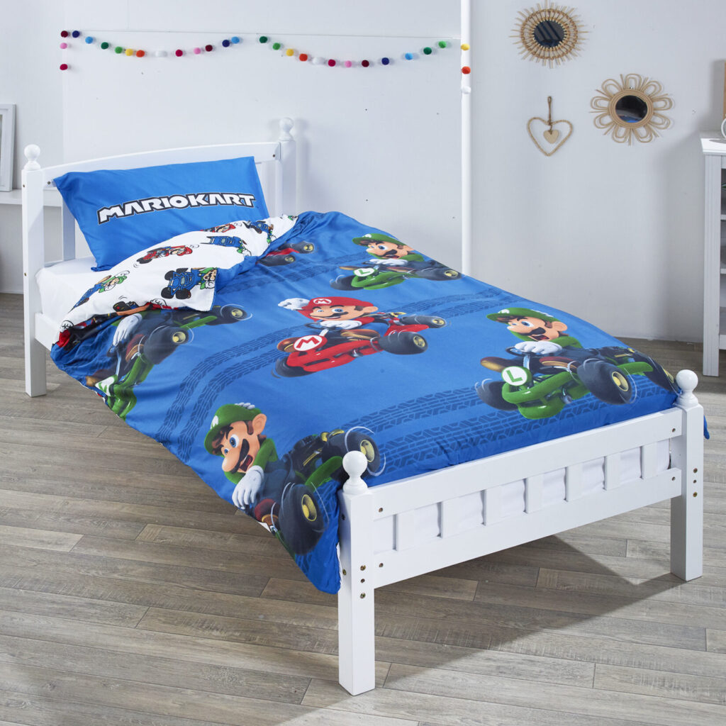 7 Piece White Wooden Single Bed with Super Mario Bedding Set - Kinder ...
