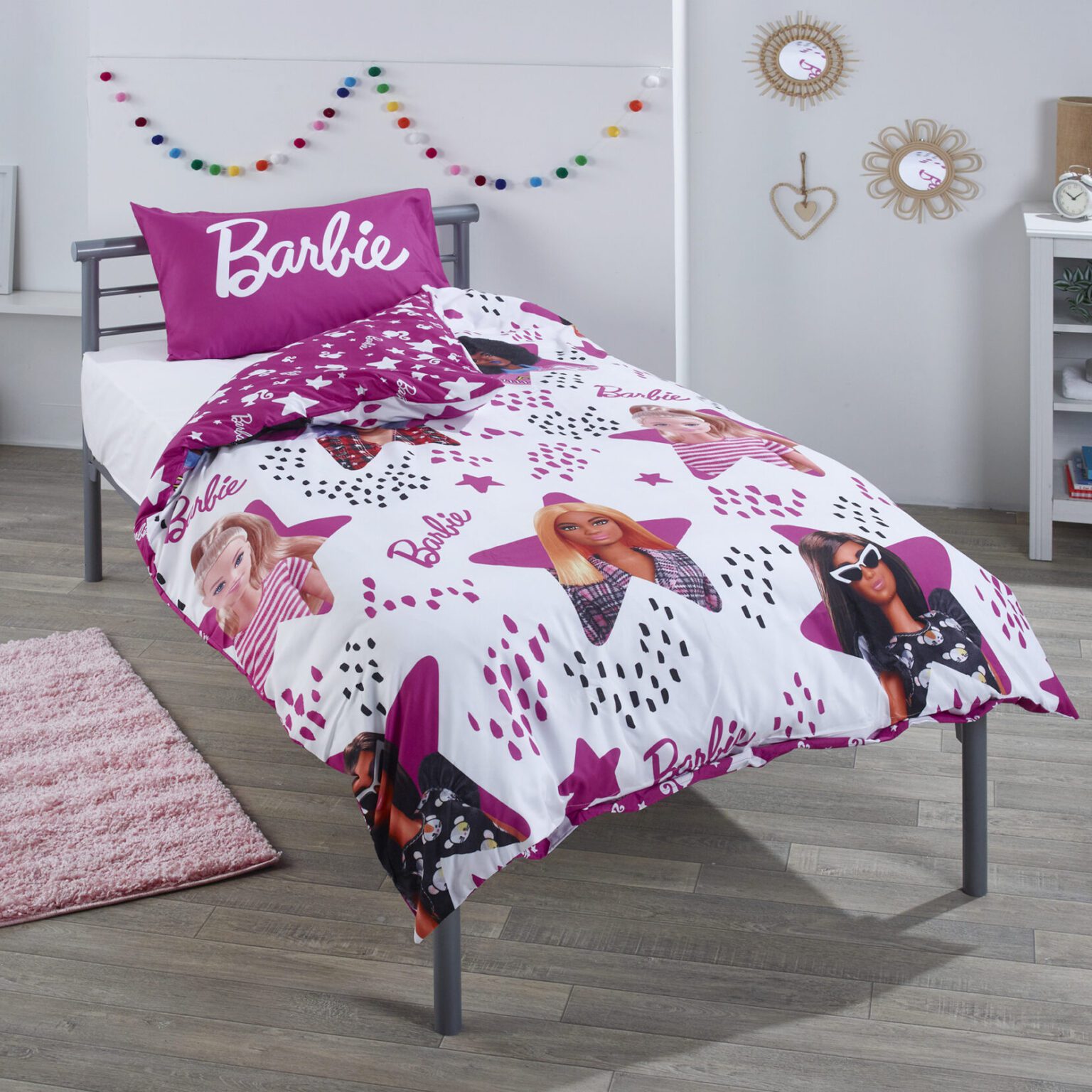 Barbie Girl 7 Piece Silver Metal Single Bed with Barbie Stars Single ...