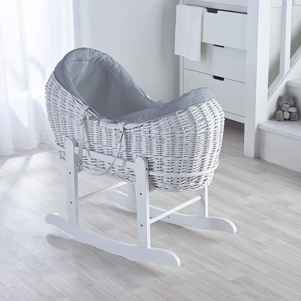 Grey Waffle White Wicker Pod Moses Basket - Kinder Valley