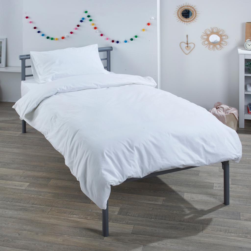 7 Piece Silver Metal Single Bed with Plain White Bedding Set - Kinder ...